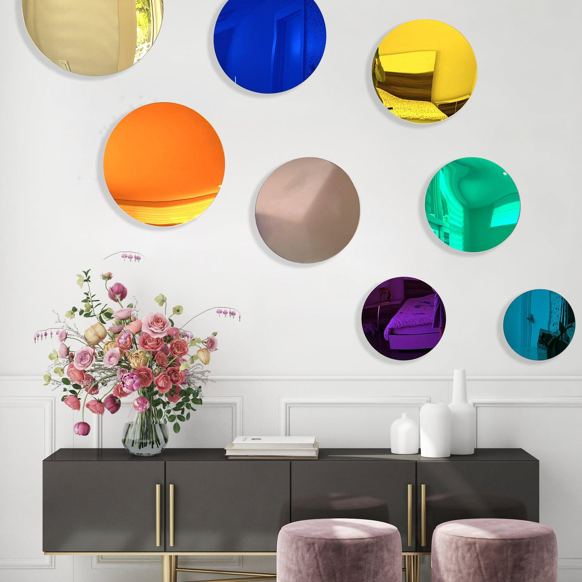Mirrored Acrylic Circle Round Wall Decor Set of 8 Contemporary Art ...